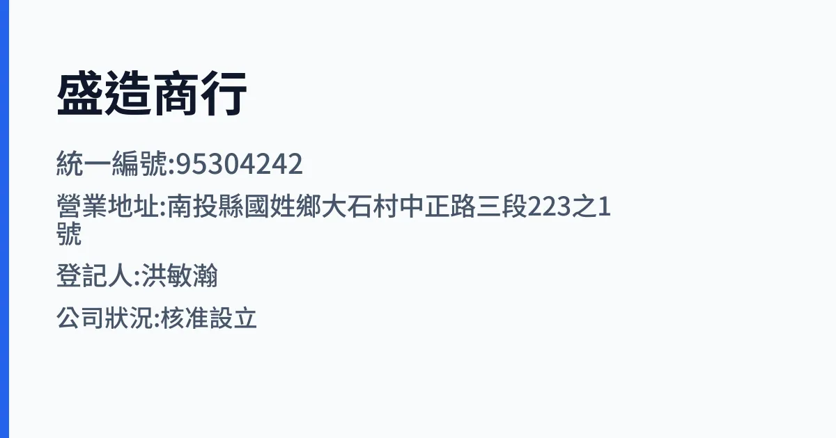 盛造商行 - 統編 95304242（南投縣） 公司登記資料與營業項目詳細圖表