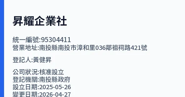 昇耀企業社的照片-統編 95304411(南投縣) 公司登記資料與營業項目詳細圖表