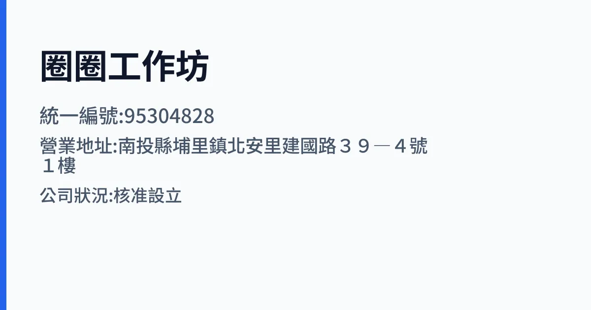圈圈工作坊 - 統編 95304828(南投縣) 公司登記資料與營業項目詳細圖表