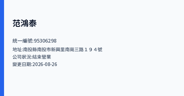 范鴻泰的照片-統編 95306298(南投縣) 公司登記資料與營業項目詳細圖表