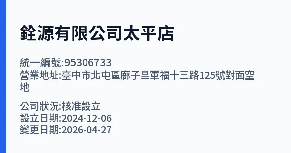 銓源有限公司太平店的照片-統編 95306733(臺中市) 公司登記資料與營業項目詳細圖表