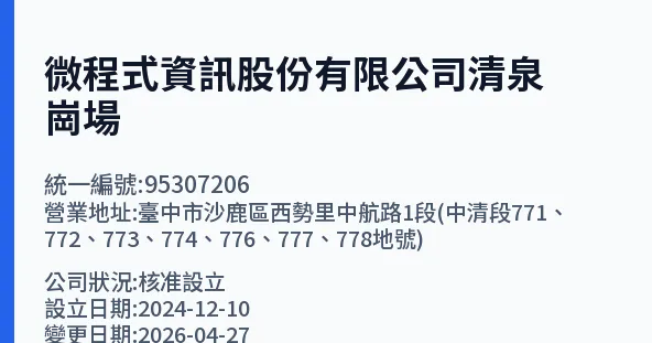 微程式資訊股份有限公司清泉崗場的照片-統編 95307206(臺中市) 公司登記資料與營業項目詳細圖表