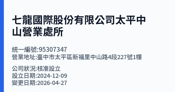 七龍國際股份有限公司太平中山營業處所的照片-統編 95307347(臺中市) 公司登記資料與營業項目詳細圖表