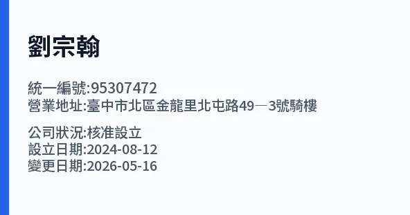 劉宗翰的照片-統編 95307472(臺中市) 公司登記資料與營業項目詳細圖表