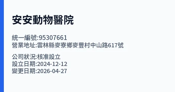 安安動物醫院的照片-統編 95307661(雲林縣) 公司登記資料與營業項目詳細圖表