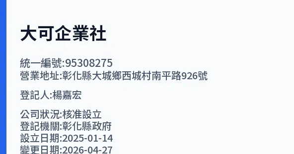 大可企業社的照片-統編 95308275(彰化縣) 公司登記資料與營業項目詳細圖表