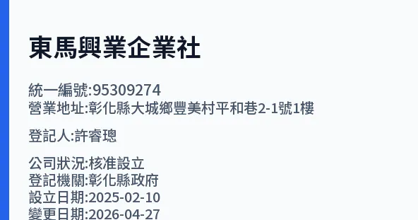 東馬興業企業社的照片-統編 95309274(彰化縣) 公司登記資料與營業項目詳細圖表
