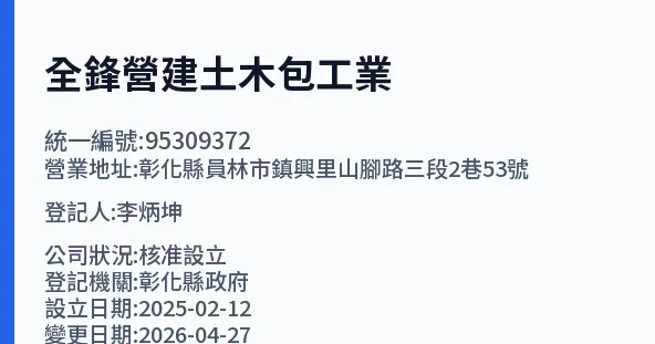 全鋒營建土木包工業的照片-統編 95309372(彰化縣) 公司登記資料與營業項目詳細圖表