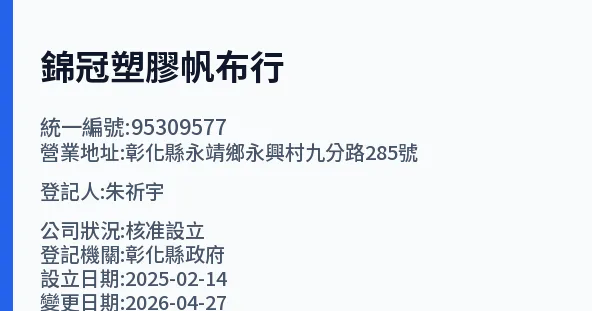 錦冠塑膠帆布行的照片-統編 95309577(彰化縣) 公司登記資料與營業項目詳細圖表