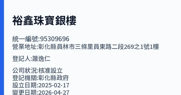 裕鑫珠寶銀樓的照片-統編 95309696(彰化縣) 公司登記資料與營業項目詳細圖表