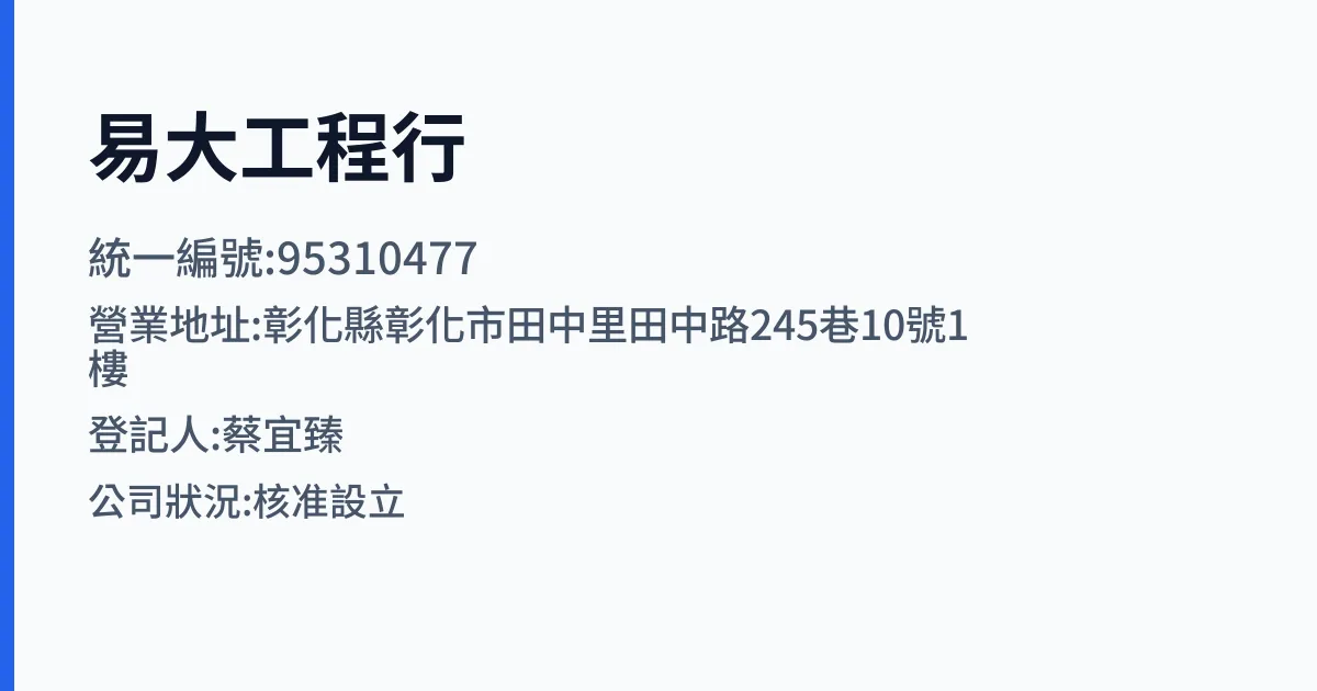 易大工程行 - 統編 95310477(彰化縣) 公司登記資料與營業項目詳細圖表