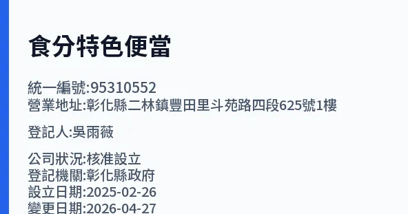 食分特色便當的照片-統編 95310552(彰化縣) 公司登記資料與營業項目詳細圖表