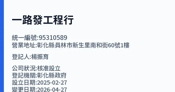 一路發工程行的照片-統編 95310589(彰化縣) 公司登記資料與營業項目詳細圖表