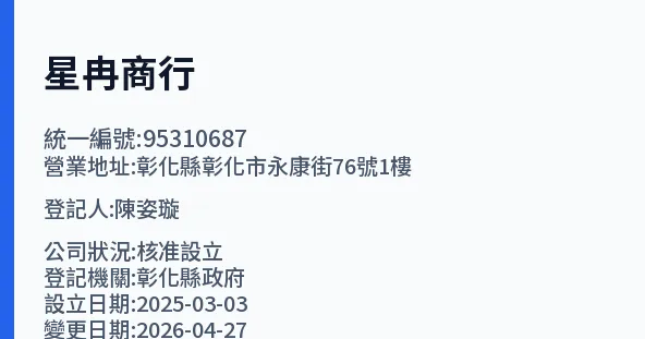 星冉商行的照片-統編 95310687(彰化縣) 公司登記資料與營業項目詳細圖表