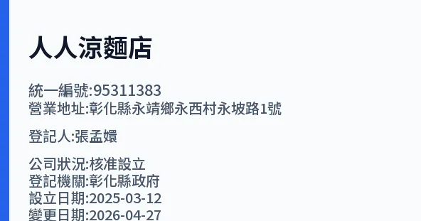 人人涼麵店的照片-統編 95311383(彰化縣) 公司登記資料與營業項目詳細圖表