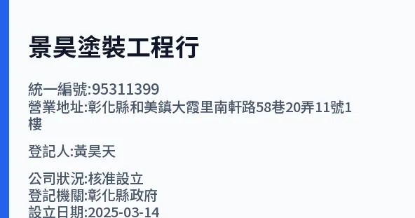 景昊塗裝工程行的照片-統編 95311399(彰化縣) 公司登記資料與營業項目詳細圖表