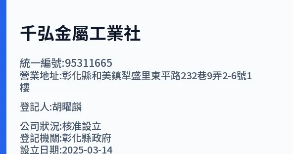 千弘金屬工業社的照片-統編 95311665(彰化縣) 公司登記資料與營業項目詳細圖表