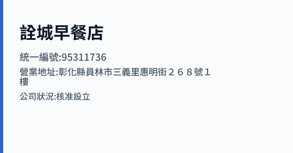 詮城早餐店 - 統編 95311736(彰化縣) 公司登記資料與營業項目詳細圖表