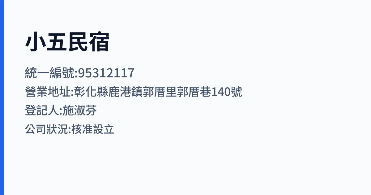 小五民宿 - 統編 95312117(彰化縣) 公司登記資料與營業項目詳細圖表
