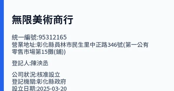 無限美術商行的照片-統編 95312165(彰化縣) 公司登記資料與營業項目詳細圖表