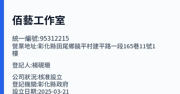 佰藝工作室的照片-統編 95312215(彰化縣) 公司登記資料與營業項目詳細圖表
