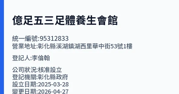 億足五三足體養生會館的照片-統編 95312833(彰化縣) 公司登記資料與營業項目詳細圖表