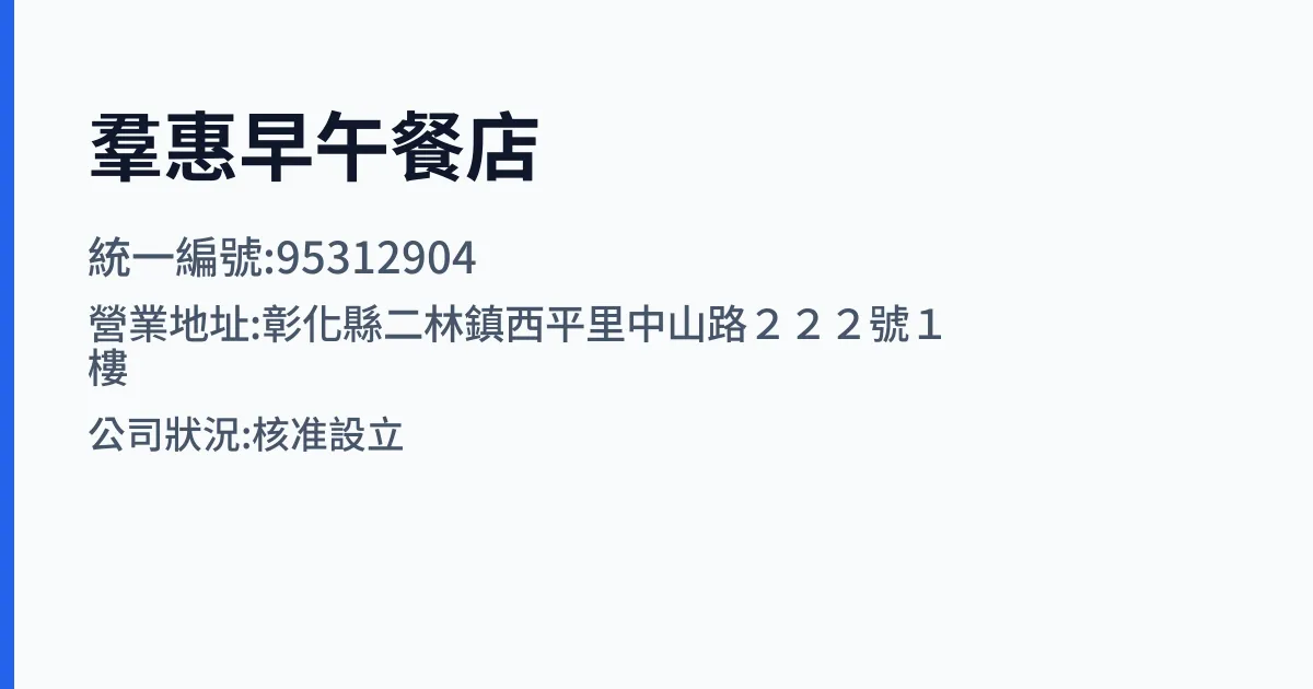 羣惠早午餐店 - 統編 95312904(彰化縣) 公司登記資料與營業項目詳細圖表