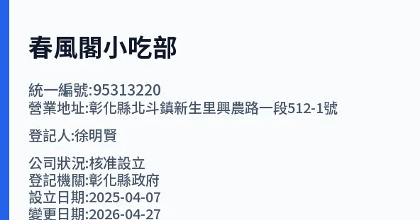 春風閣小吃部的照片-統編 95313220(彰化縣) 公司登記資料與營業項目詳細圖表