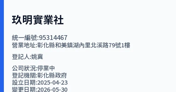 玖明實業社的照片-統編 95314467(彰化縣) 公司登記資料與營業項目詳細圖表