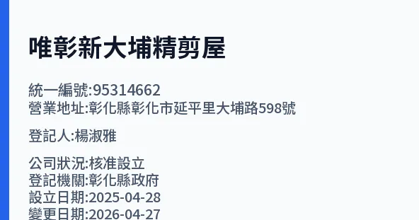 唯彰新大埔精剪屋的照片-統編 95314662(彰化縣) 公司登記資料與營業項目詳細圖表