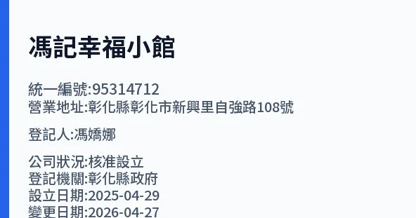 馮記幸福小館的照片-統編 95314712(彰化縣) 公司登記資料與營業項目詳細圖表