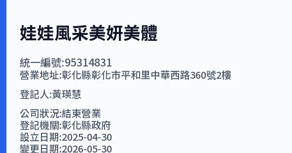 娃娃風采美妍美體的照片-統編 95314831(彰化縣) 公司登記資料與營業項目詳細圖表