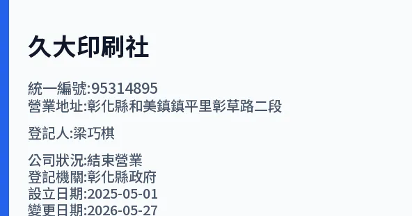 久大印刷社的照片-統編 95314895(彰化縣) 公司登記資料與營業項目詳細圖表
