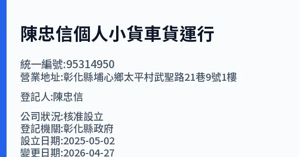 陳忠信個人小貨車貨運行的照片-統編 95314950(彰化縣) 公司登記資料與營業項目詳細圖表