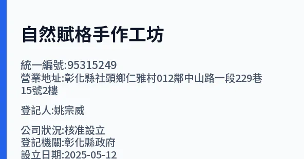 自然賦格手作工坊的照片-統編 95315249(彰化縣) 公司登記資料與營業項目詳細圖表