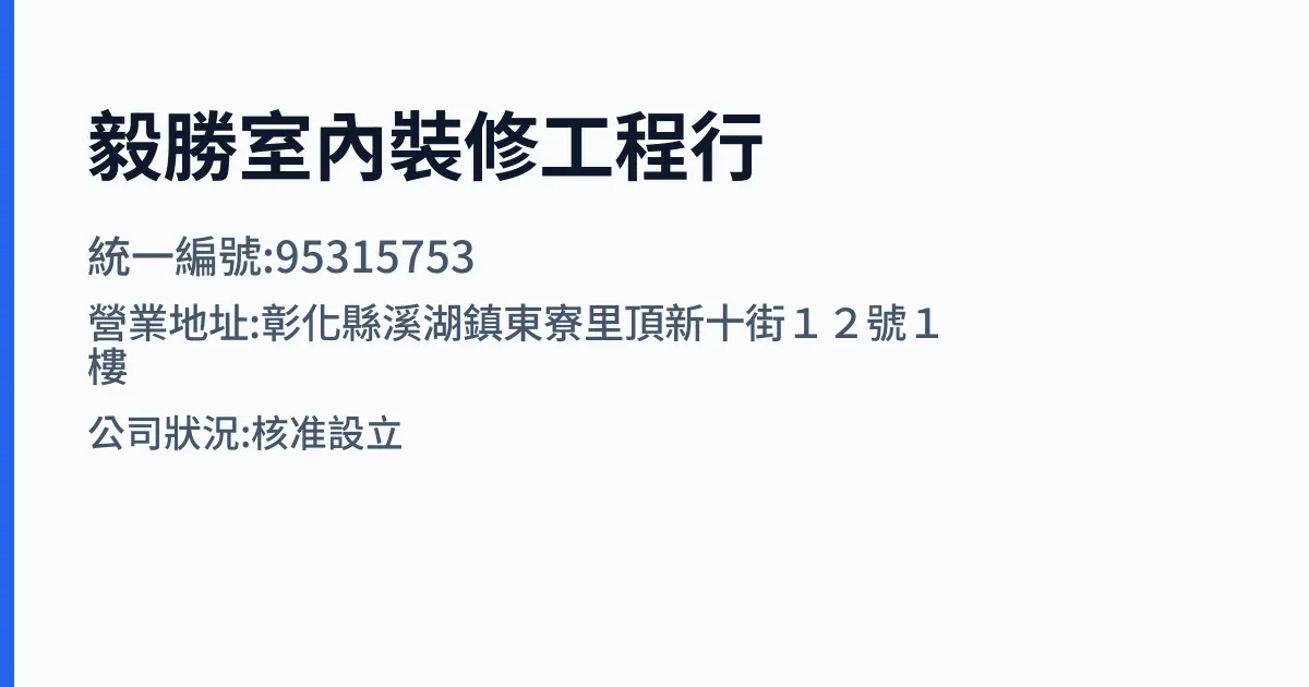 毅勝室內裝修工程行 - 統編 95315753(彰化縣) 公司登記資料與營業項目詳細圖表
