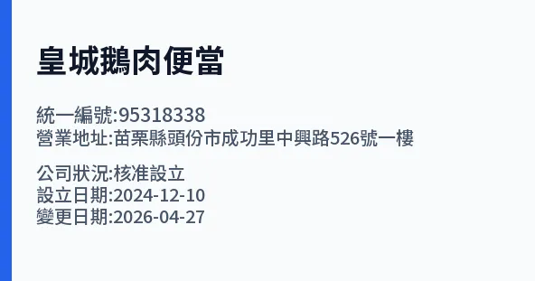 皇城鵝肉便當的照片-統編 95318338(苗栗縣) 公司登記資料與營業項目詳細圖表
