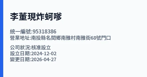 李董現炸蚵嗲的照片-統編 95318386(南投縣) 公司登記資料與營業項目詳細圖表