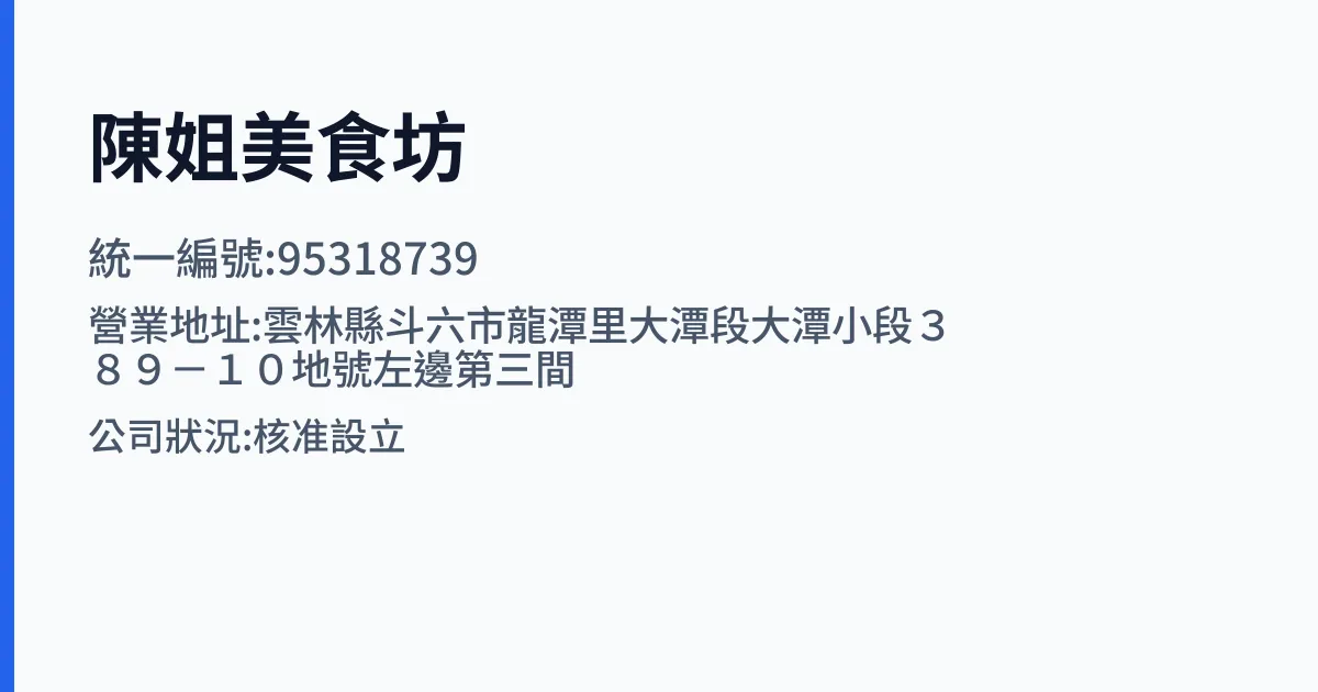 陳姐美食坊 - 統編 95318739(雲林縣) 公司登記資料與營業項目詳細圖表