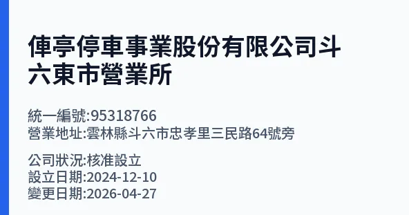 俥亭停車事業股份有限公司斗六東市營業所的照片-統編 95318766(雲林縣) 公司登記資料與營業項目詳細圖表