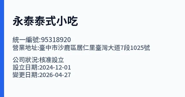 永泰泰式小吃的照片-統編 95318920(臺中市) 公司登記資料與營業項目詳細圖表