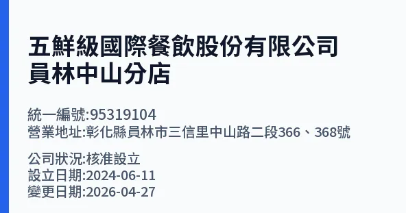 五鮮級國際餐飲股份有限公司員林中山分店的照片-統編 95319104(彰化縣) 公司登記資料與營業項目詳細圖表