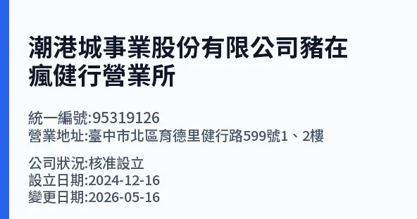 潮港城事業股份有限公司豬在瘋健行營業所的照片-統編 95319126(臺中市) 公司登記資料與營業項目詳細圖表