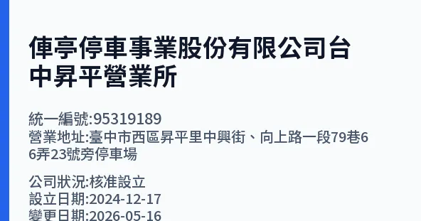 俥亭停車事業股份有限公司台中昇平營業所的照片-統編 95319189(臺中市) 公司登記資料與營業項目詳細圖表
