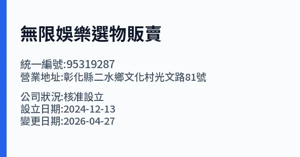 無限娛樂選物販賣的照片-統編 95319287(彰化縣) 公司登記資料與營業項目詳細圖表