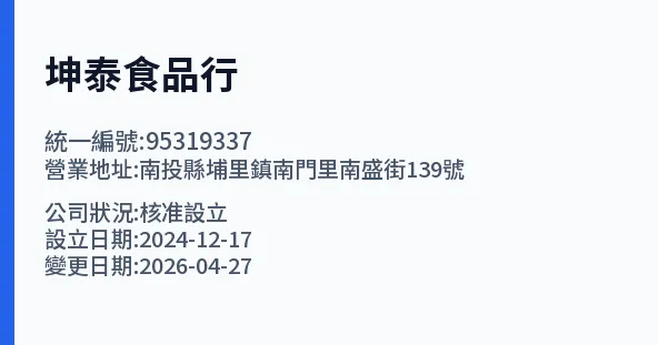 坤泰食品行的照片-統編 95319337(南投縣) 公司登記資料與營業項目詳細圖表