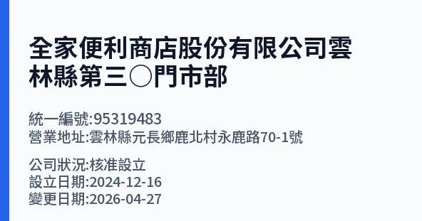 全家便利商店股份有限公司雲林縣第三○門市部的照片-統編 95319483(雲林縣) 公司登記資料與營業項目詳細圖表