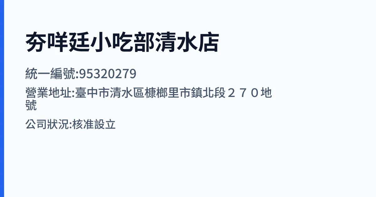 夯咩廷小吃部清水店 - 統編 95320279(臺中市) 公司登記資料與營業項目詳細圖表