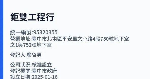 鉅雙工程行的照片-統編 95320355(臺中市) 公司登記資料與營業項目詳細圖表
