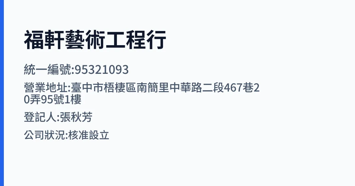 福軒藝術工程行 - 統編 95321093(臺中市) 公司登記資料與營業項目詳細圖表